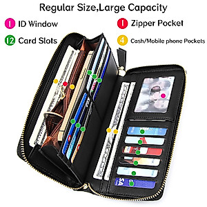 Badiya Womens Wallet RFID Blocking Leather Zip Around Wallet Large Capacity Credit Card Long Purse Clutch Wristlet