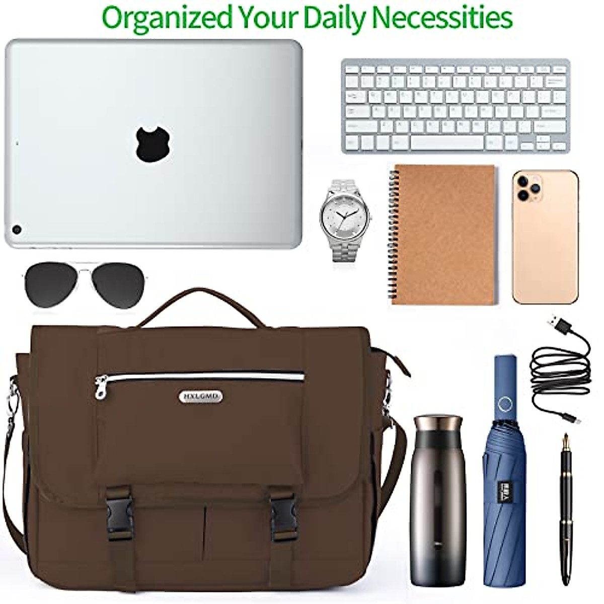 HXLGMD Messenger Bag for Men Women 15.6-17 Inch Laptop Briefcase Water-resistant Computer Shoulder Bag with Water Bottle Pocket, Large Crossbody Satchel Bag Work School Travel, Brown…