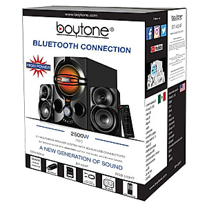 Boytone BT-324F, 2.1 Bluetooth Powerful Home Theater Speaker Systems, with FM Radio, SD USB Ports, Digital Play Back, 40 Watts, RGB Light, Full Function Remote Control, Smartphone, Tablet