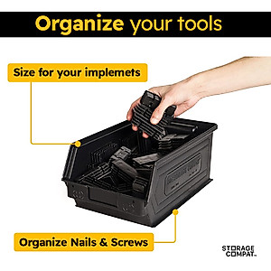 Storage Compat 6 Pack Small Storage Bin, Wall Mount Storage, Hanging and Stacking Bin, Freestanding | 12” x 8” x 6” Plastic Container | Black | Zeus 3A2PLZ06