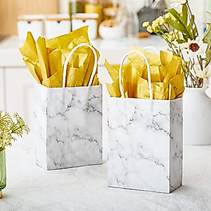 50 Pack Marble White Paper Bags Gift Bags Bulk A4 Double Sided Glitter Gold Tissue Paper Small Gift Bags with Tissue Paper Set for Wedding Birthday Baby Shower, 5.91 x 4.33 x 2.36 Inch (Gray White)