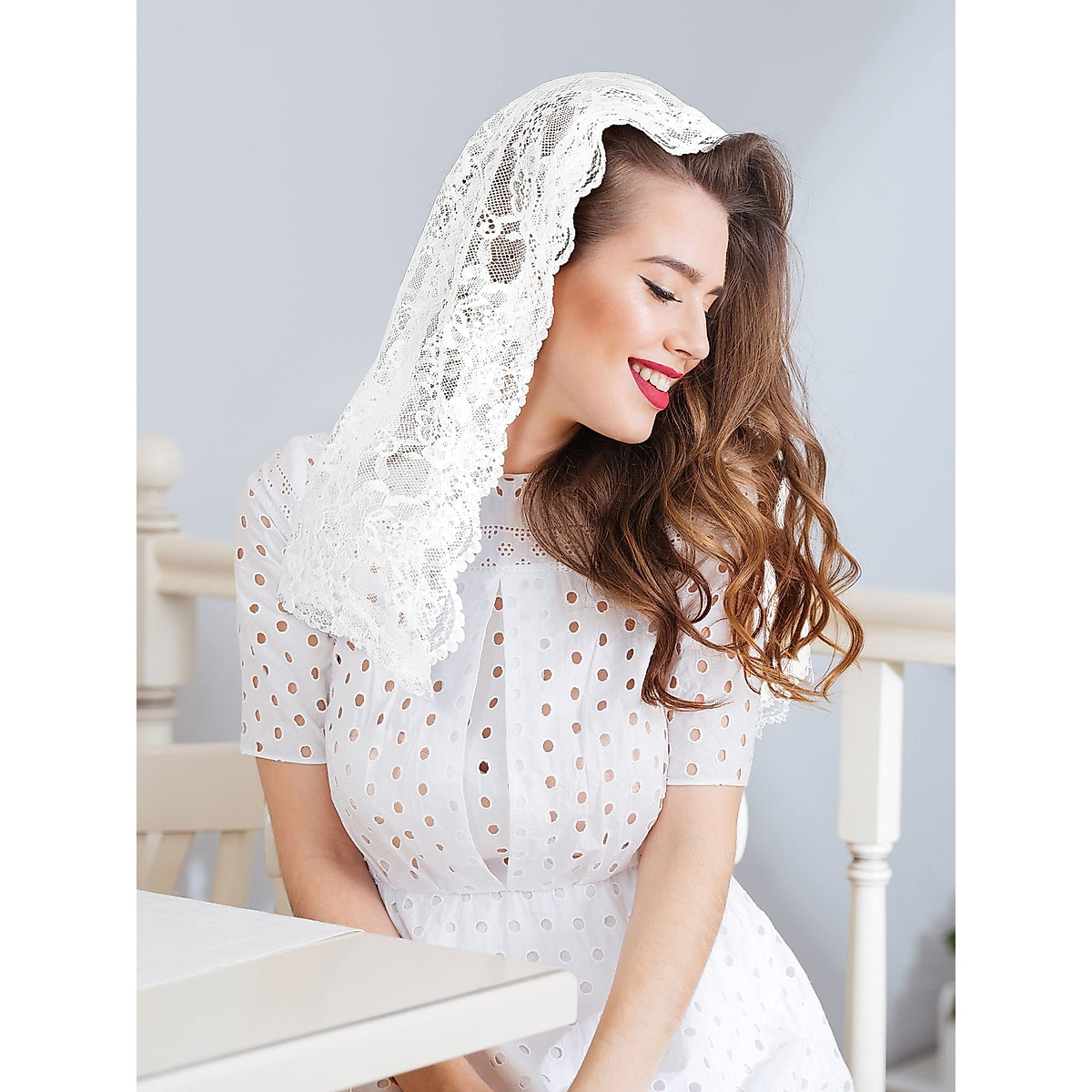 Bencailor 2 Pcs Lace Veils for Church Mantilla Catholic Veil Latin Mass Head Covering Veils for Bridal Women (Classic Style,M)