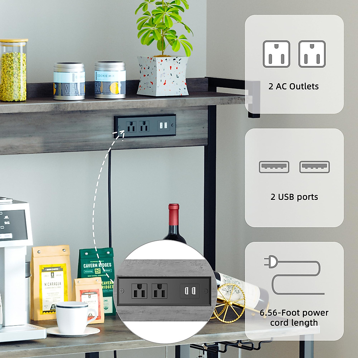 JAMFLY Kitchen Bakers Rack with Power Outlet, Coffee Bar Cabinet, Kitchen Cart, Large Microwave Stands Cart with 6 S-Shaped Hooks, Wine Glass Holder and Basket (Grey)