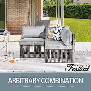Festival Depot 3 Pieces Patio Conversation Set Sectional Corner Sofa Combination Outdoor Furniture All-Weather Wicker Metal Armless Chairs with Seating Back Cushions Garden Deck Poolside (Grey)
