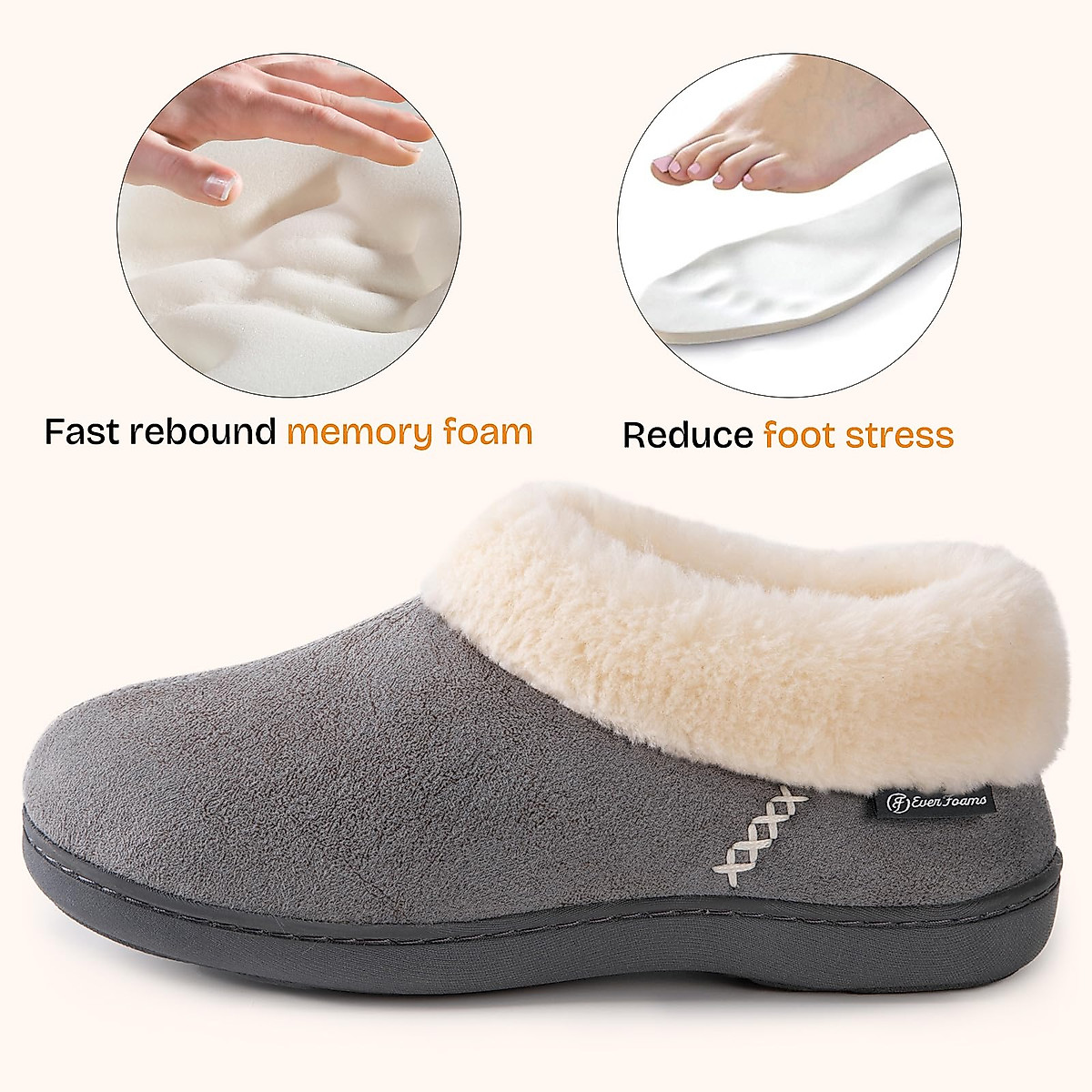 EverFoams Women's Micro Suede Cozy Memory Foam Winter Slippers with Fuzzy Faux Fur Collar and Indoor Outdoor Rubber Sole (Gray, Size 11-12 M US)