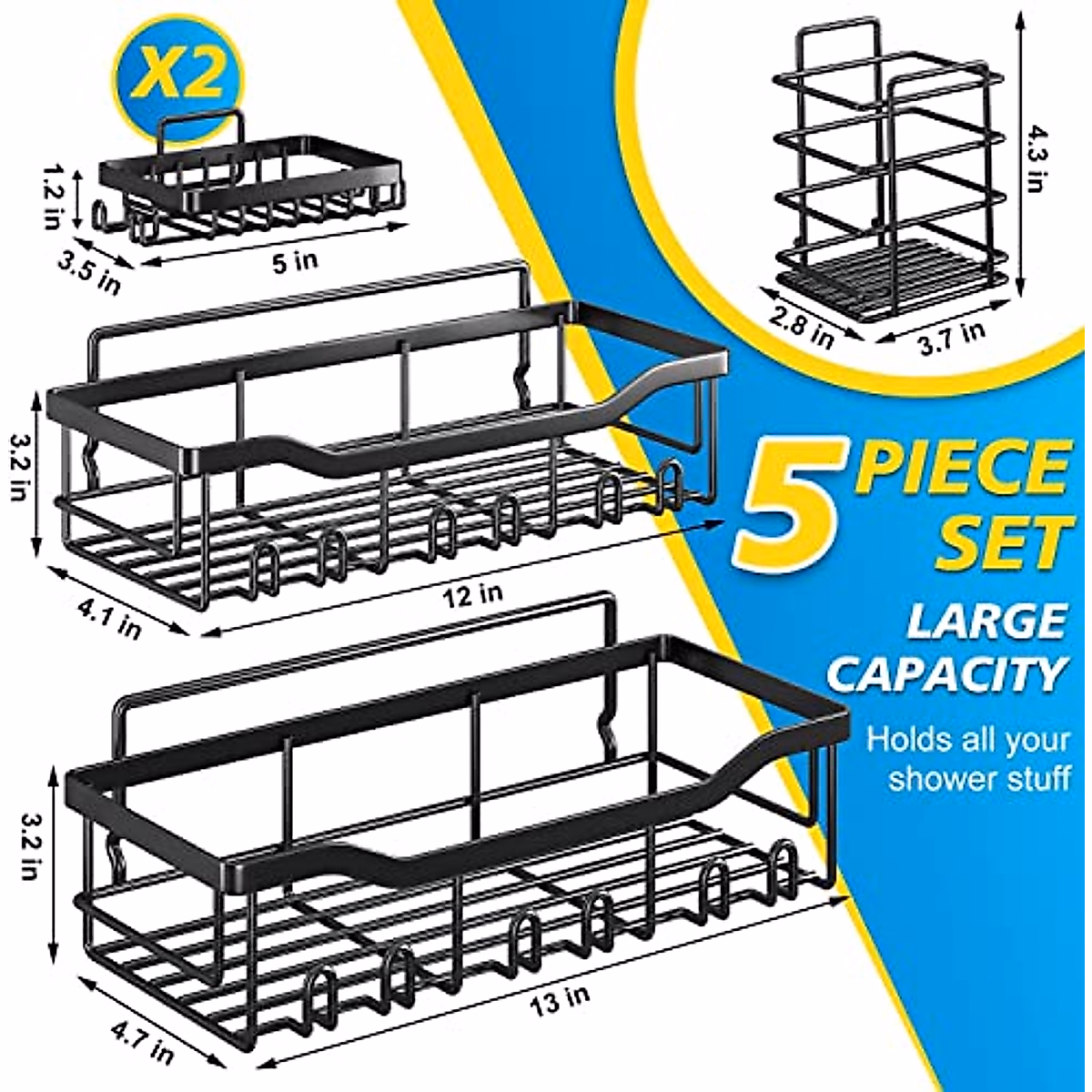 Shower Shelves, Shower Caddies, Set of 5 Shower Racks, Bathroom Organizer, Shower Organization Aesthetic, Shampoo Holder
