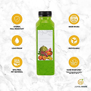 JumblWare Juice Bottles 20 Clear Plastic 16oz Reusable Bottles w/Funnel, Cleaning Brush, & Labels for Work, Gym, Home, & Catered Events Recyclable, Disposable, Shatterproof, BPA-Free Made in USA