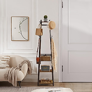 VECELO Coat Rack Freestanding, Entryway Clothes Stand with Metal Basket and 2 Shelves, Upgrade Hall Trees with 8 Dual Hooks for Bags, Hats, and Umbrellas, Industrial Styles, Vintage Brown+ Black