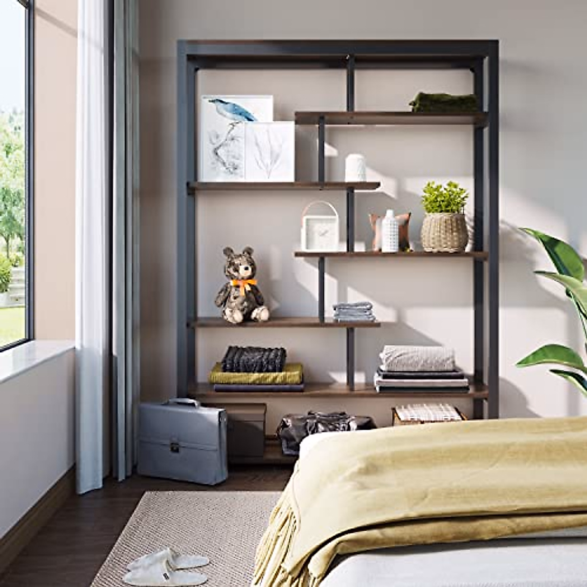 Wildhome 7-Shelves Staggered Bookshelf, 71 Inch Extra Tall Bookcase,Vintage Book Shelves Display Shelf Organizer for Office, Study Room, Living Room,(Retro Brown)