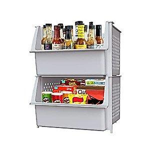 Skywin Plastic Stackable Storage Bins for Pantry - Stackable Bins For Organizing Food, Kitchen, and Bathroom Essentials (Light Grey, 2-Pack)