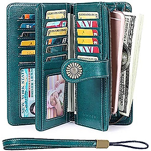 Behaniu Womens Multi Card slots Geniune Leather Wallet with Zipper Pocket Large Capacity RFID Blocking Credit Card Holder for Women (Peafowl Blue), Medium