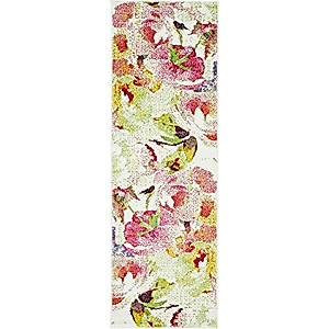 Unique Loom Lyon Collection Modern Watercolor Floral Area Rug, 2 x 6 ft, Ivory/Pink