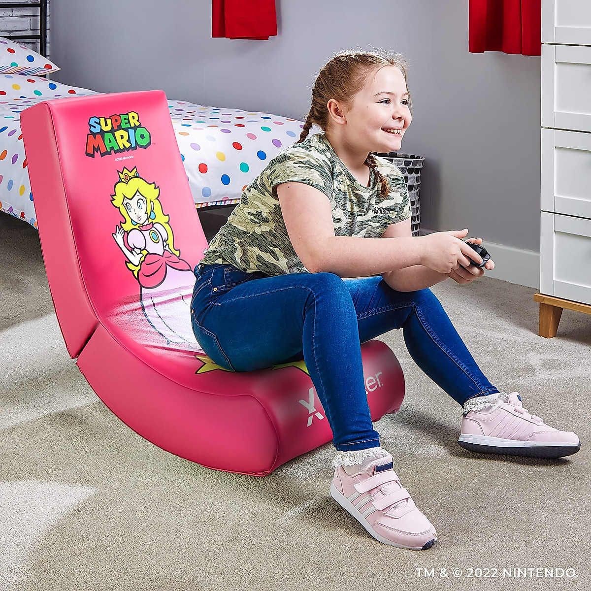 X Rocker Super Mario Peach Video Gaming Floor Chair, Official All-Star Edition Nintendo Collectible, Faux Leather, Foldable, 5000201, 33.46" x 16.14" x 25.59", Princess Peach Pink