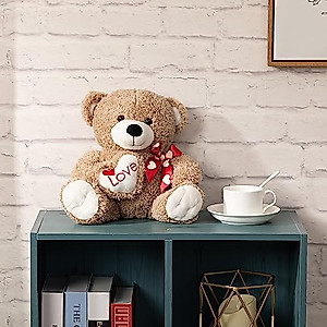 WENMOTDY Stuffed Animals Plush Toy Teddy Bear with Love Pattern Red Bow Gift for Kids Baby Lover Birthday Valentine's Day 12 Inch