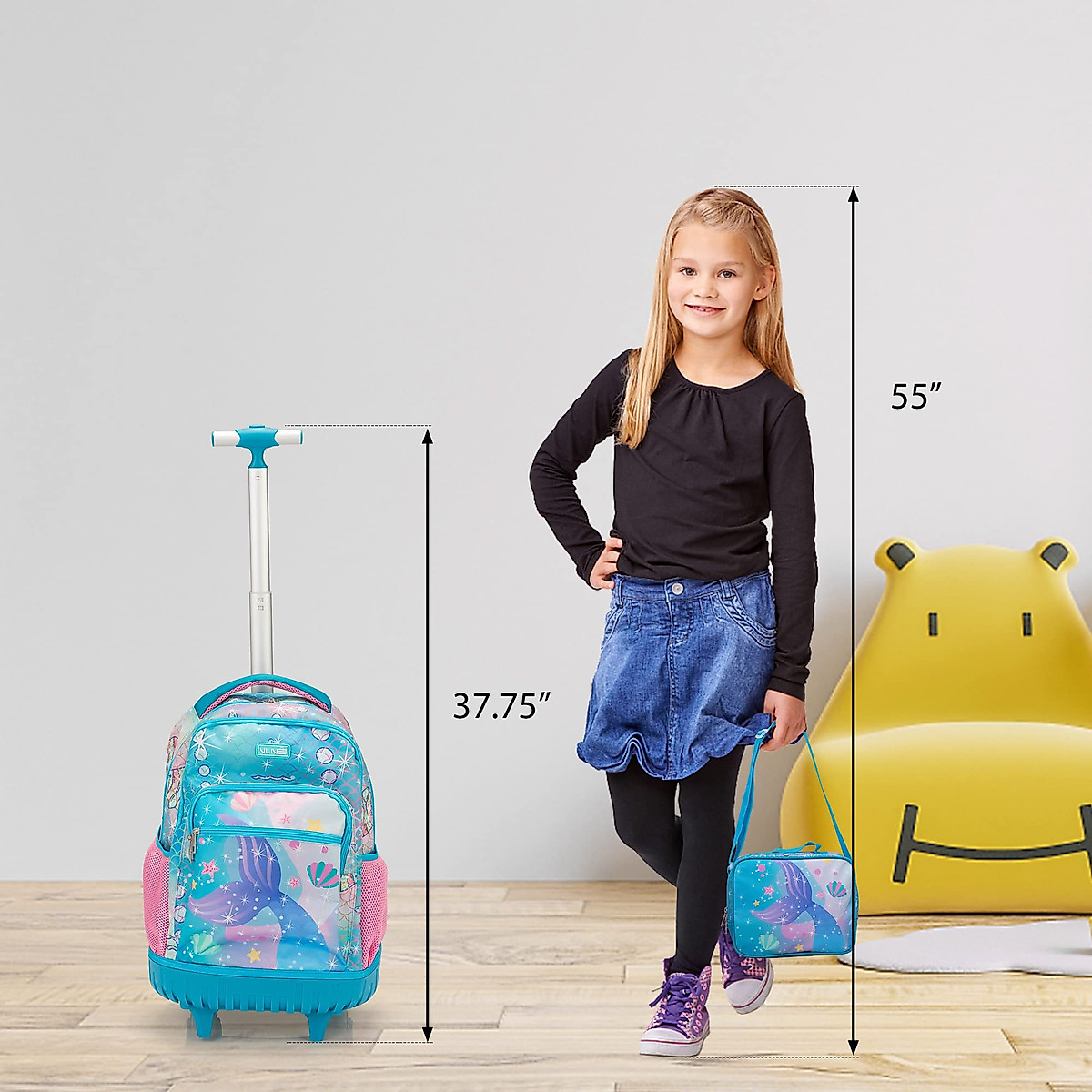 VLIVE Rolling Backpack Set for Girls, Wheeled Kid Backpack w/Lunch Bag & Pencil Case, 20 Inch (Mermaid)