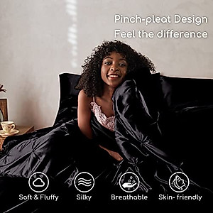 MR&HM Satin Comforter Queen 8 Pieces - Luxurious Pinch Pleat Bedding Set with Comforter, Sheets, Bed Skirt, Pillowcases & Shams, Super Silky Soft Bed Set for All Season (Queen, Black)