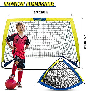 LIBERRWAY Soccer Goal 4'x 3' Portable Kids Soccer Goals for Backyard or Indoor Pop Up Soccer Net with 6 Training Cones, Carrying Bag, 8 Ground Stakes, 2 Set
