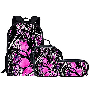 FKELYI Pink Camo Hunting Kids Girls School Bags Students Collage Bookbag Shoulder Backpack Camouflage Schoolbags Lunch Box Pencil Holder