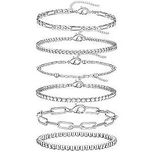 adoyi Dainty Sterling Silver Chain Bracelets Set for Women Girls White Gold Plated Layered Link Chain Bangle Bracelets Pack for Women Adjustable Stackable beaded Bracelets Jewelry Gifts