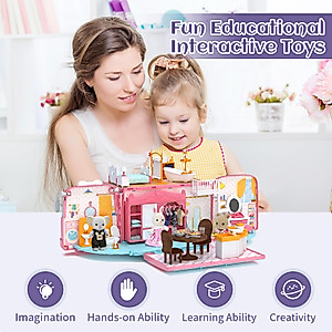 MITCIEN Dollhouse Playset, DIY Pretend Portable Caravan Camper Bus Toy Kit with Little Critters Bunny Dolls Mini Cottage House Set Camping Family Toys for Toddler 3 4 5 6 Year Old Girl