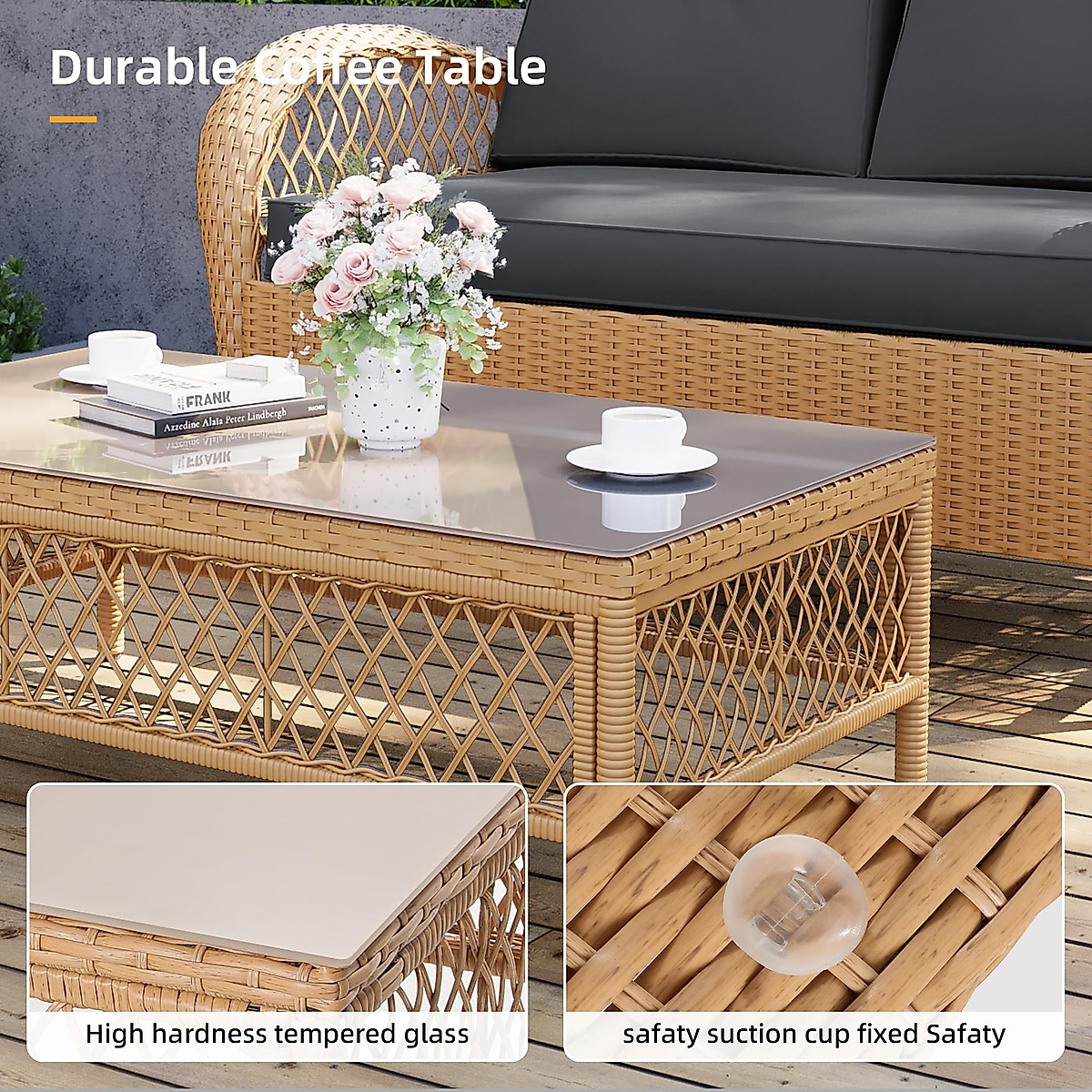 UPHA Patio Outdoor Furniture Set, Beige PE Rattan Patio Conversation Sets, 4 Pieces Wicker Patio Set with Loveseat, 2 Chairs, Coffee Table and Cushions for Backyard, Porch,Darkgrey