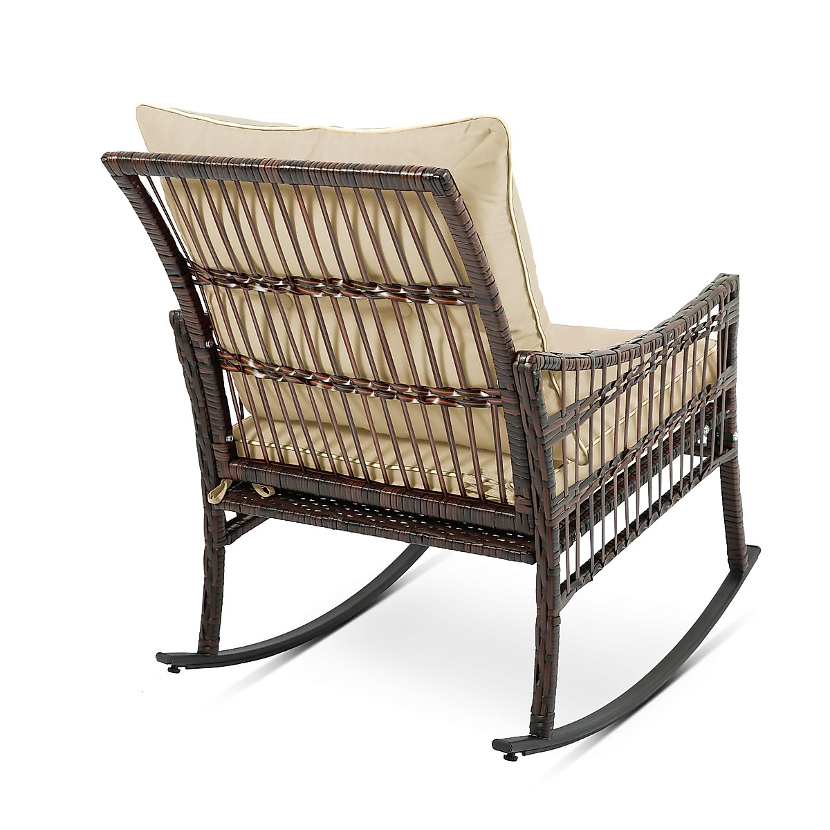 CIRMUBUY 3 Pieces Patio Furniture Set, Outdoor Rocking Chairs Set of 2, Wicker Cushioned Patio Rocker with Side Table for Porch, Garden, Poolside & Deck, Beige