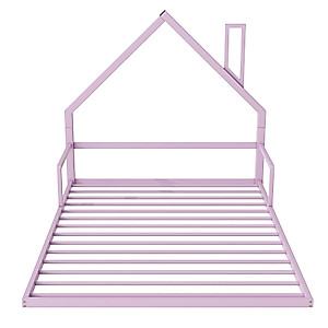Kamsly FAVSH Full Size Metal Floor Bed with Chimney House-Shaped Headboard,Solid Wood Structure Bedroom Bed Frame W/Handrail,Easy Assembly,for Kids,Boys,Girls,Pink