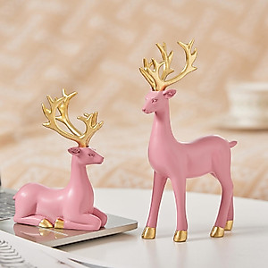 BULINGNA 2PCS Christmas Reindeer Figurines Sitting & Standing Deer Resin Statues Home Decor Creative Elk Decor for Cabinet, Office, Desktop (One Size, A-Pink)