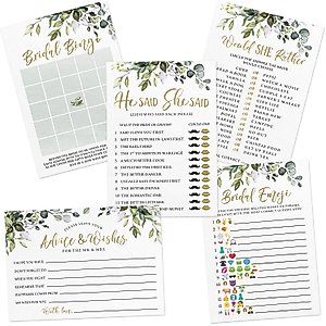 Printed Party Bridal Shower Game Set – 5 Fun Games and Activities for 50 Guests, Includes Bingo, Trivia, and Advice Cards, Botanical Eucalyptus Wedding Shower Games