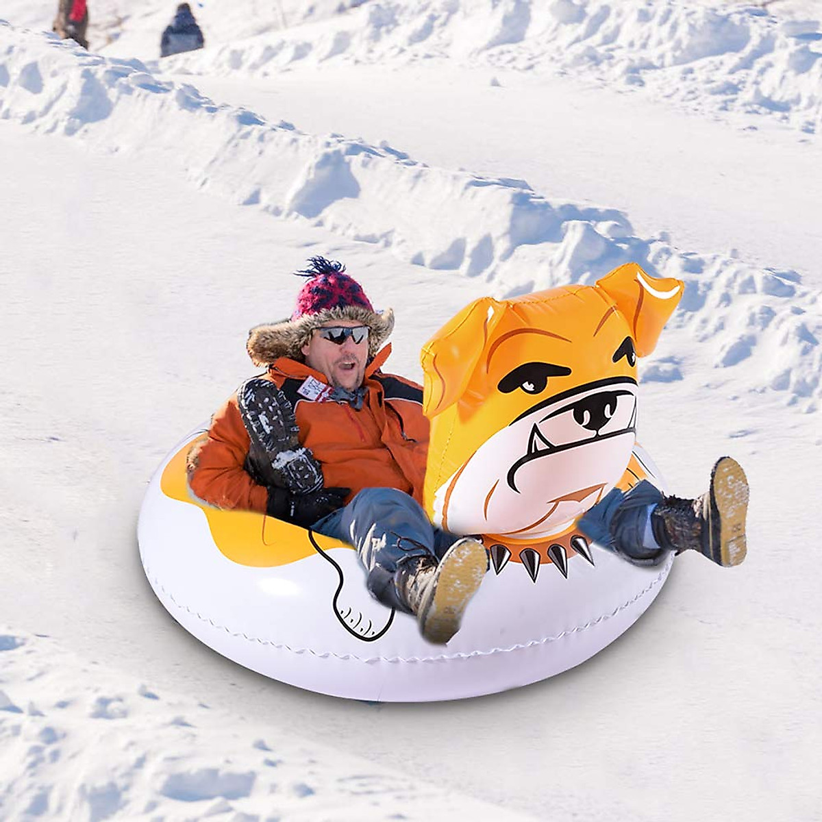 WateBom Snow Tube, Bulldog Design, 48 Inches Inflatable Snow Sled for Kids or Adults, Heavy Duty Snow Toys with Two Handles and Comfortable Backrest