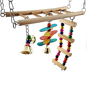 Bird Ladder Toy Hanging Swing Natural Wood Hammock Toy for Small Parrot Parakeet Cockatiel African Grey Cockatoos Conure Finch Cage Accessories(B)