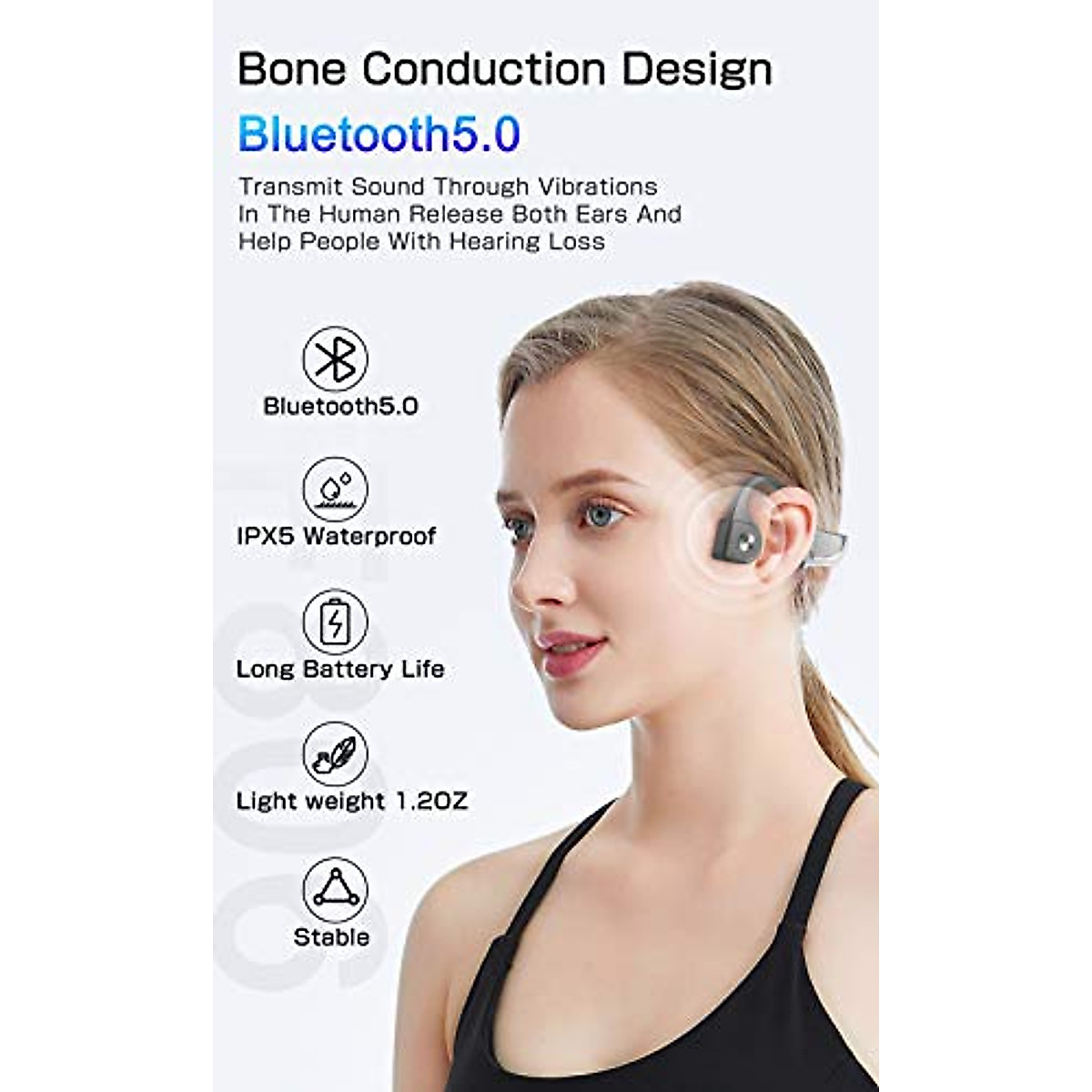 Bone Conduction Headphones, Bluetooth 5.0 with Mic, Open-Ear Wireless Bone Conduction, Lightweight Sweatproof Music Answer Phone Call Sports Headset for Running Hiking Driving Bicycling (Gray)