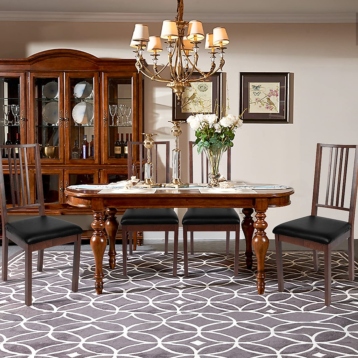 SearchI Waterproof PU Leather Seat Covers for Dining Chairs, 6 Pack Stretch Dining Room Chair Seat Covers, Kitchen Chair Seat Covers Protectors (Black)