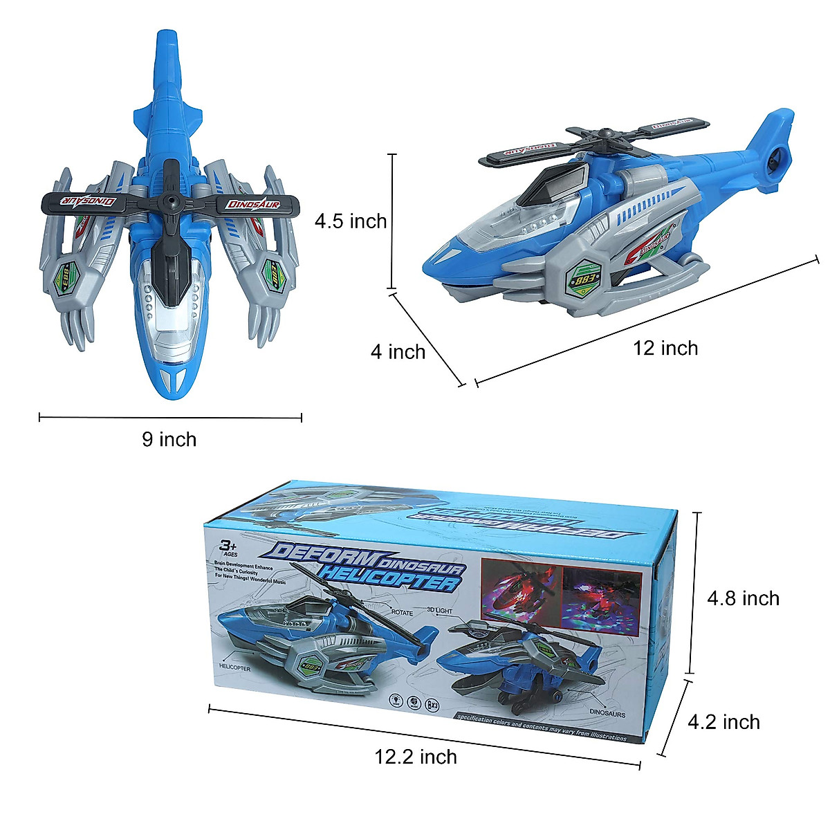 Elimiic Helicopter Toys for 3 4 5 6 Year Old Boys Automatic Transform Dinosaur Toys with LED Light and Music 4-6 Year Old Boy Birthday Gifts(Blue)
