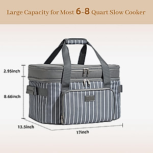 Fun Elements Double Layer Slow Cooker Carrier Bag for 6-8 Quart Oval CrockPot, Insulated Crock Pot Travel Bag with Support Pad and Adjustable Straps, Top Zip Compartment and Front Pocket for Utensils