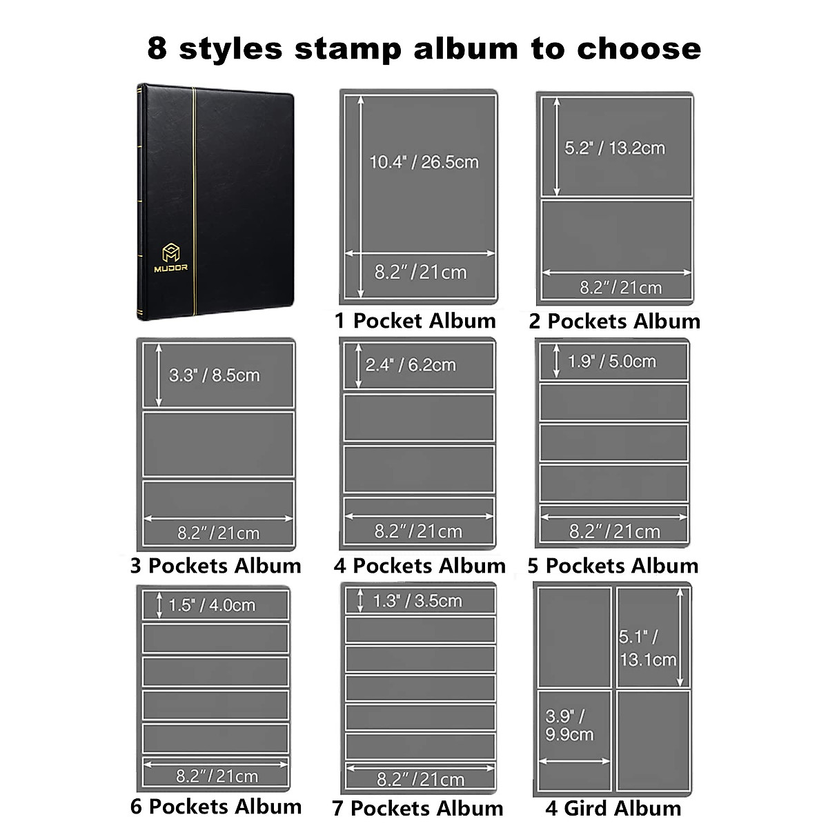 MUDOR Stamp Collecting Album, 7 Rows Pockets Stamp Book for Collectors, 10 Sheets Stamp Stockbook