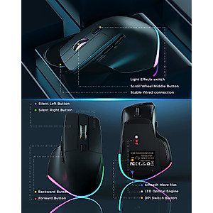 Wired RGB Mouse for Laptop, Ergonomic Computer Mouse, Quiet Click, 4-Level DPI, 7 Buttons, LED Light with Thumb Rest Mouse Compatible for PC/Desktop/Notebook/MAC/Gamer(for Right Hand, Large), Black