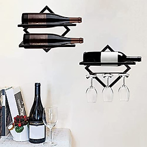 2 Style Metal Wall Mounted Wine Holder, Upgrade Foldable Hanging Wall Wine Rack Organizer for 2 Liquor Bottles, Red Wine Bottle Display Hanger with Screws for Home Kitchen Bar Wall Décor