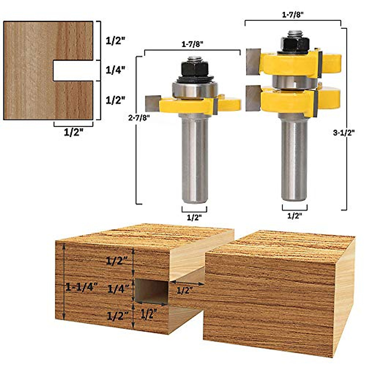 Yakamoz Adjustable Tongue and Groove Router Bit Set with 1/2 Inch Shank, 1-1/4" Stock Woodworking Cutting Milling Tools