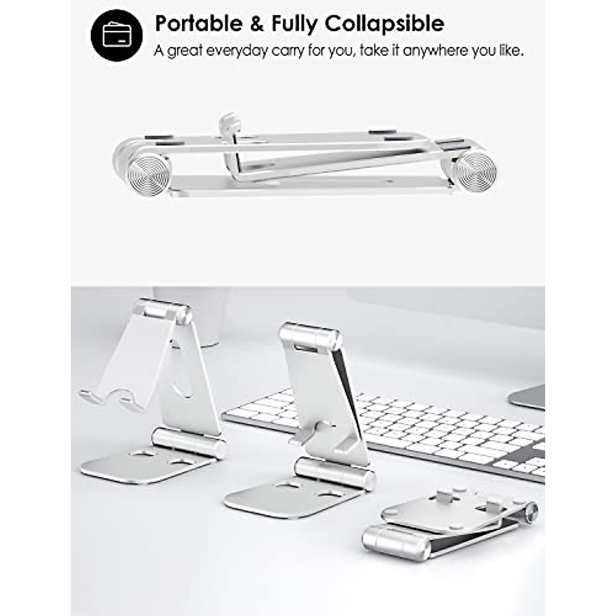 KTRIO Adjustable Cell Phone Stand, Aluminum Phone Stand for Desk, Foldable Phone Holder Compatible with iPhone 13 Pro Max 11 12 Xr 8 7 SE, Pad, Tablet, Smartphone - Silver
