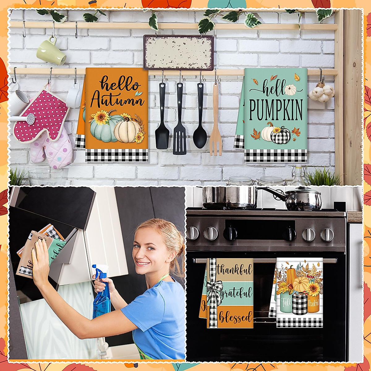 Windkream 6 Pieces Fall Thanksgiving Kitchen Towels Blue Orange Pumpkin Dish Towels Buffalo Plaid Bathroom Hand Towels 21.26 x 14.17 Inch Autumn Tea Towels Fall Decor for Kitchen Bath Farmhouse Gifts