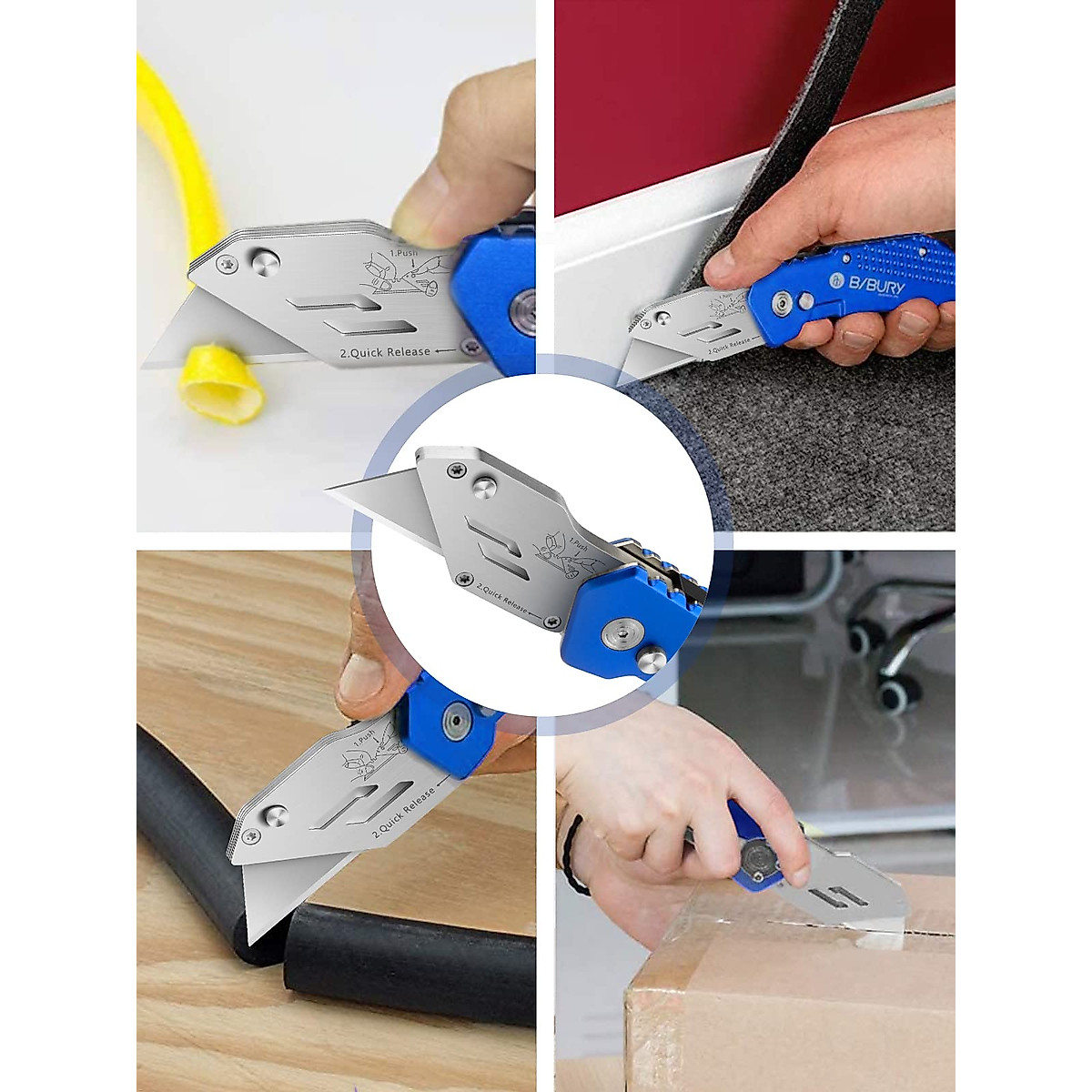 2 Pack BIBURY Utility Knife, Heavy Duty Folding Box Cutter, Pocket Carpet Knife with 20 Extra SK5 Stainless Steel Blades, Easy Release Button, Belt Clip, Quick Change, Blade Storage in Handle Design