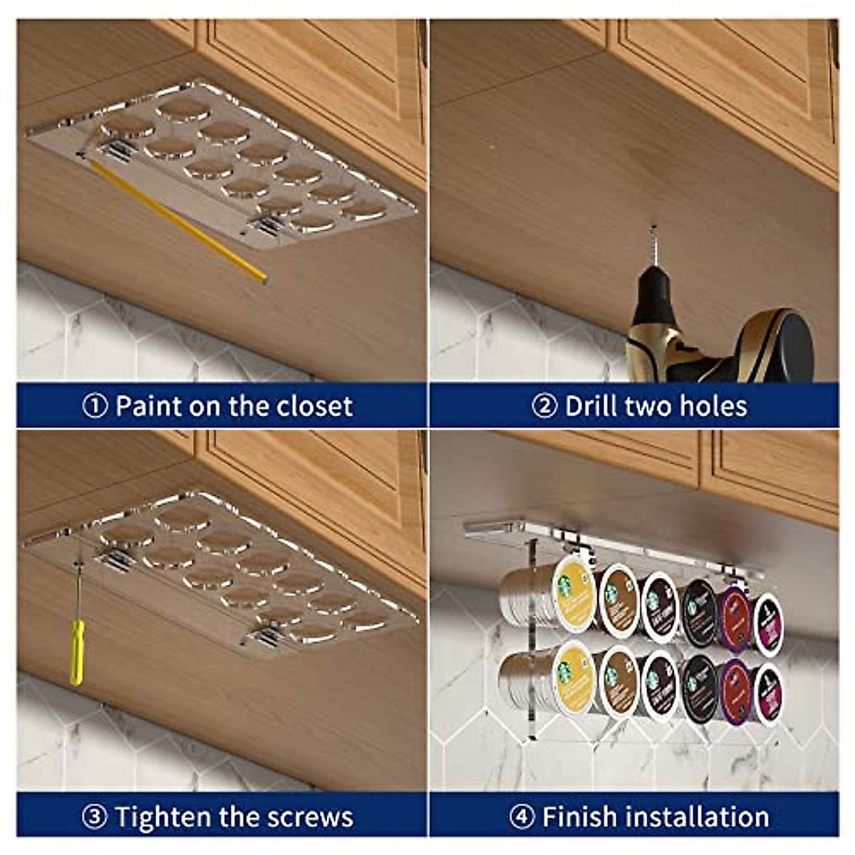 AITEE Acrylic Under Cabinet Coffee Pod Holder for K Cups, Clear K Cup Coffee Pod Holder, SpaceSaving Under Counter Cabinet Coffee Pod Holder for 12 K Cup Coffee Pods in Office and Kitchen K Cup