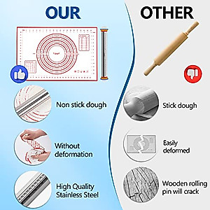 Rolling Pin with Thickness Rings Adjustable Rolling Pin Stainless Steel Rolling Pin with Silicone Cake Pad for Baking Soft Candy, Pizza, Pastry, Pasta, Biscuit Baker Gift