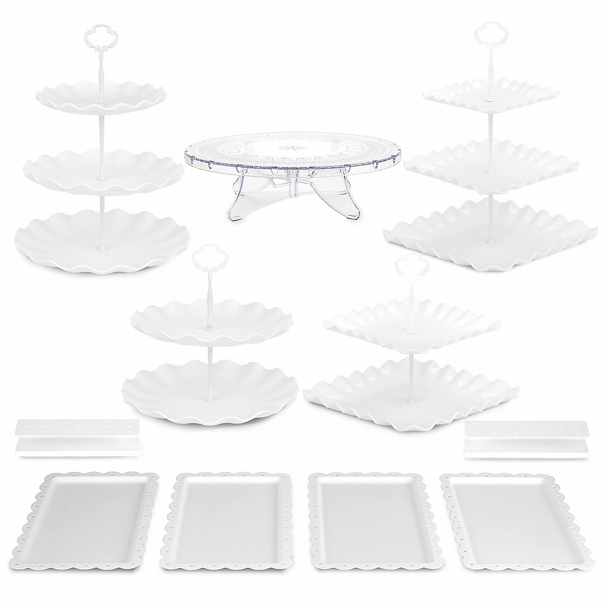 Pack of 11 NWK Dessert Stand Set, 12inch Cake Stand + 2X Large 2-Tier Cupcake Stands + 2X Large 3-Tier Cupcake Stands + 4 x Appetizer Trays +2 x Cake Pop