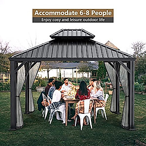 Tangkula 12ft x 10ft Hardtop Gazebo, 2-Tier Outdoor Gazebo w/Double Vented Roof & Central Hook, Galvanized Steel Frame Patio Sun Shelter for Lawn Backyard Poolside Deck (Grey)