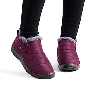 Lazzy Womens Winter Snow Boots, Faux Fur Velcro Ankle Short Booties, Anti-Slip Velour Cuff Sock Knit Boots for Indoor Outdoor Purple Size 7.5