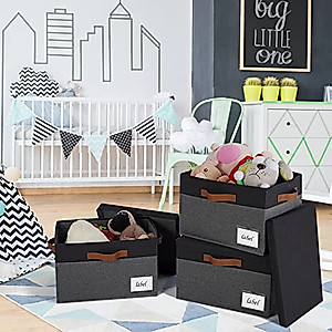 PFFVRP Large Storage Bins with Lids, Foldable Fabric Storage Baskets with Lids, Sturdy Storage Boxes with Labels and 3 PU Handles for Closet Home Bedroom Office (26L, 3 Packs, Grey&Black)