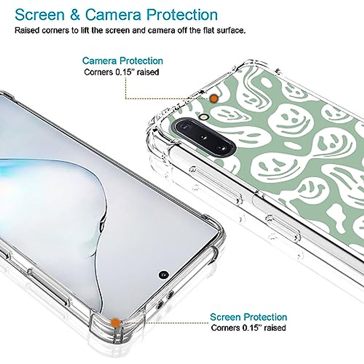 zaztify Phone Case for Samsung Galaxy Note 10 5G/4G, Pastel Green White Funny Trippy Dripping Smile Melted Hippie Smiling Skull Ghost Face Cute Pattern Shockproof Protective Soft Clear Cover Shell