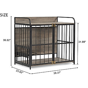 Merax 39” Heavy Duty Large Dog Crate Indoor Furniture, Wooden Metal Kennel Pet Cage with Double Doors & Adjustable Feeder Stand & Side End Table Storage, Grey